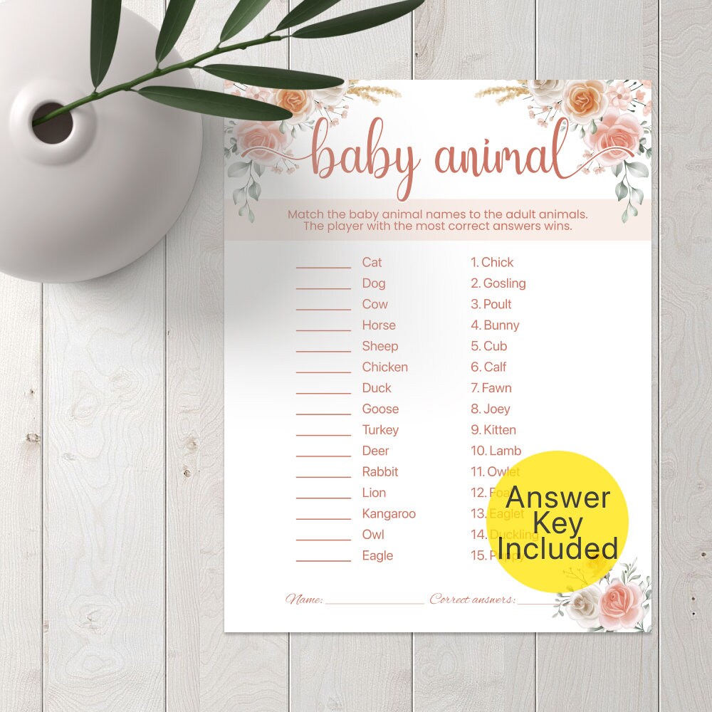 Pink Floral Boho Baby Shower Game Baby Animal Baby Shower Games ...