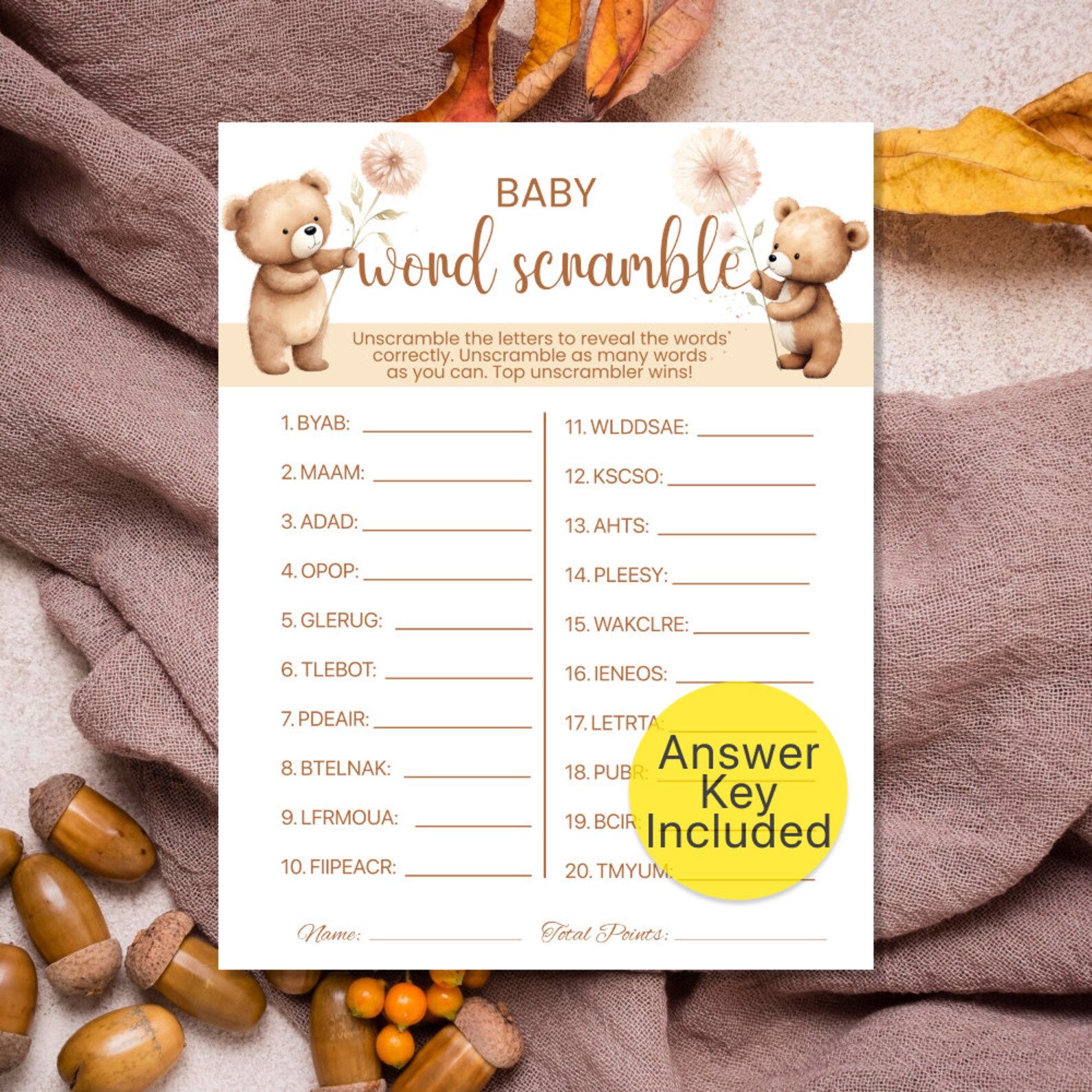 Boho Teddy Bear Baby Shower Game Baby Word Scramble Baby Shower Games ...