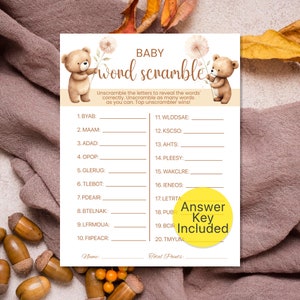 Boho Teddy Bear Baby Shower Game Baby Word Scramble Baby Shower Games ...