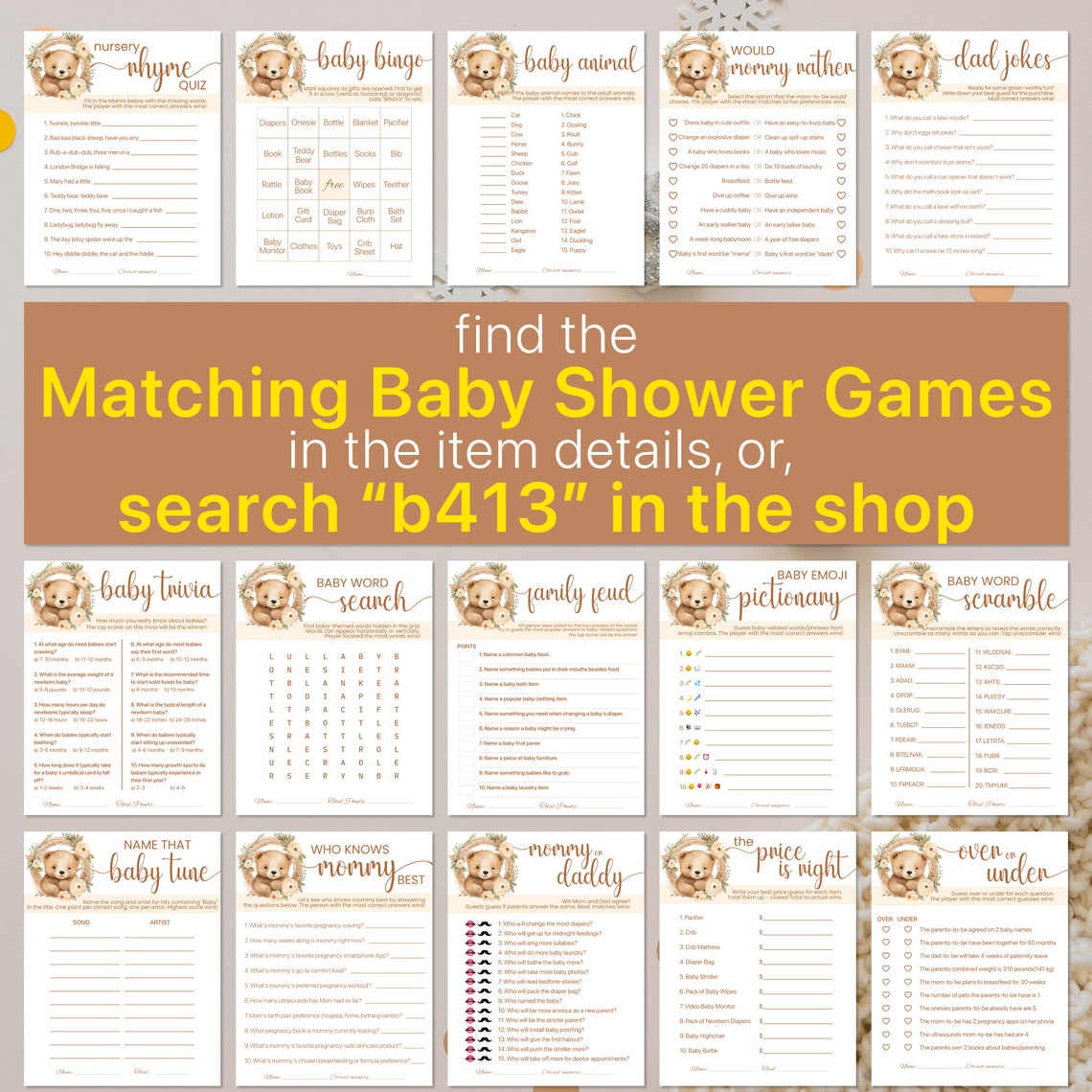 Boho Bear Baby Shower Nursery Rhyme Quiz Baby Shower Games Printable ...