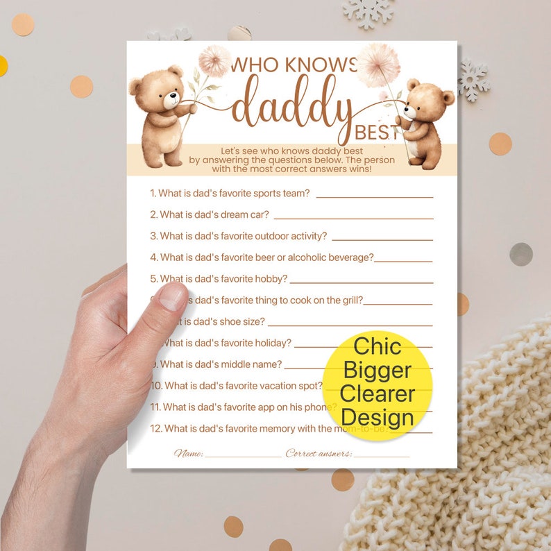 Boho Teddy Bear Baby Shower Game Who Knows Daddy Best Baby Shower Games ...