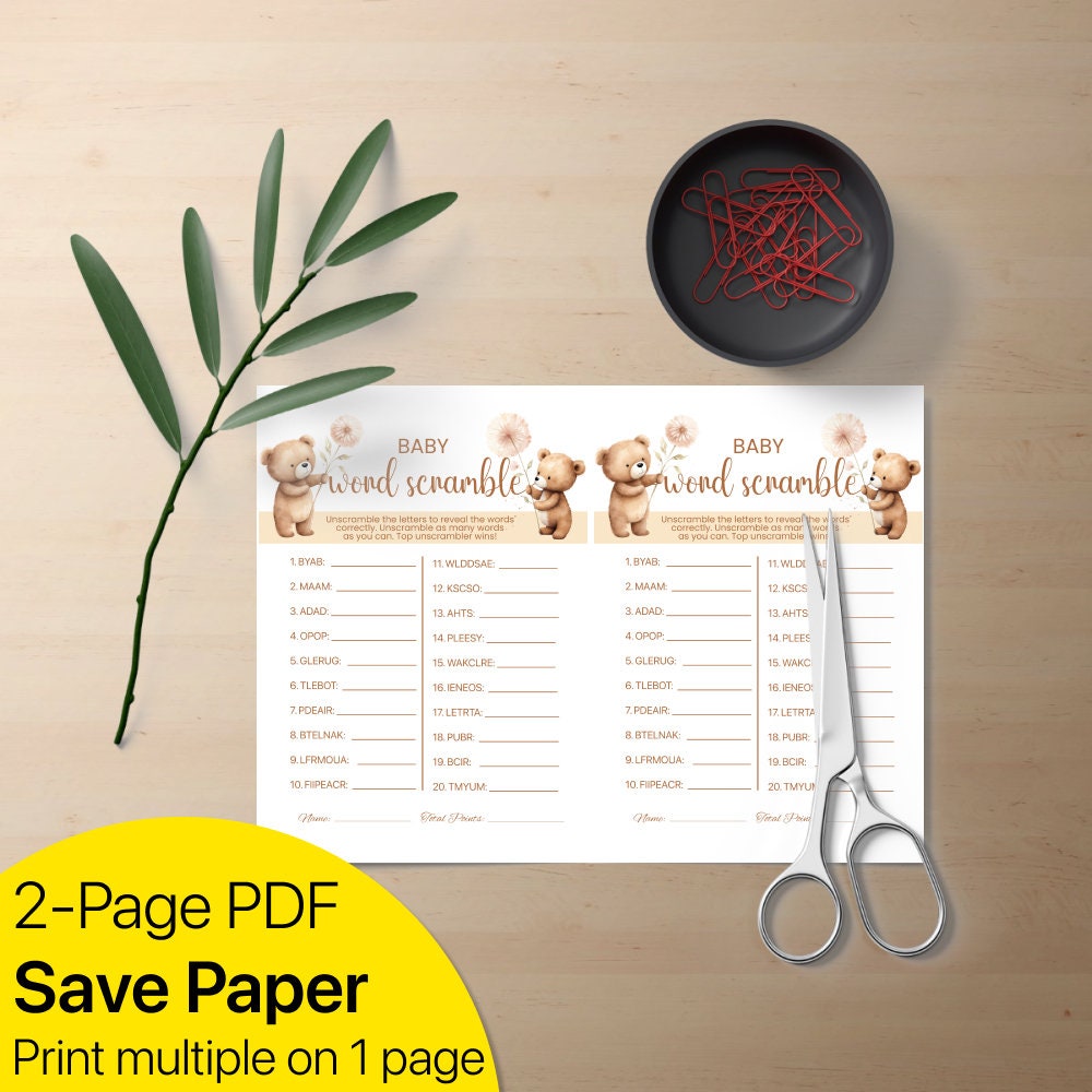 Boho Teddy Bear Baby Shower Game Baby Word Scramble Baby Shower Games ...