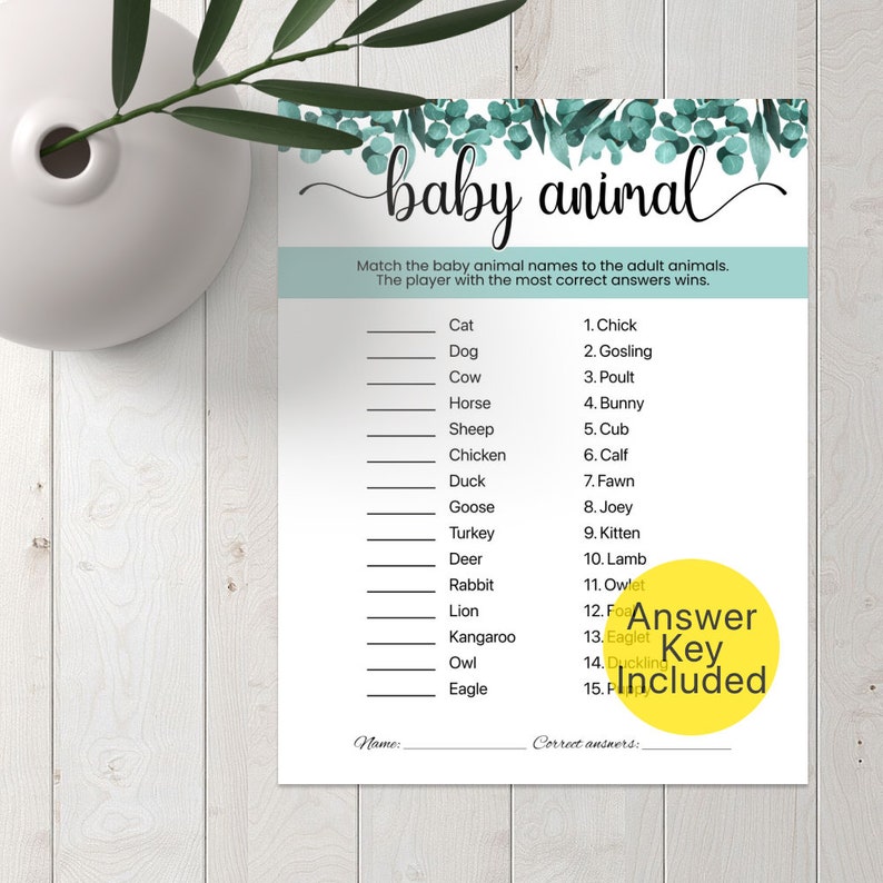 Greenery Baby Shower Game Baby Animal Baby Shower Games Printable Baby ...