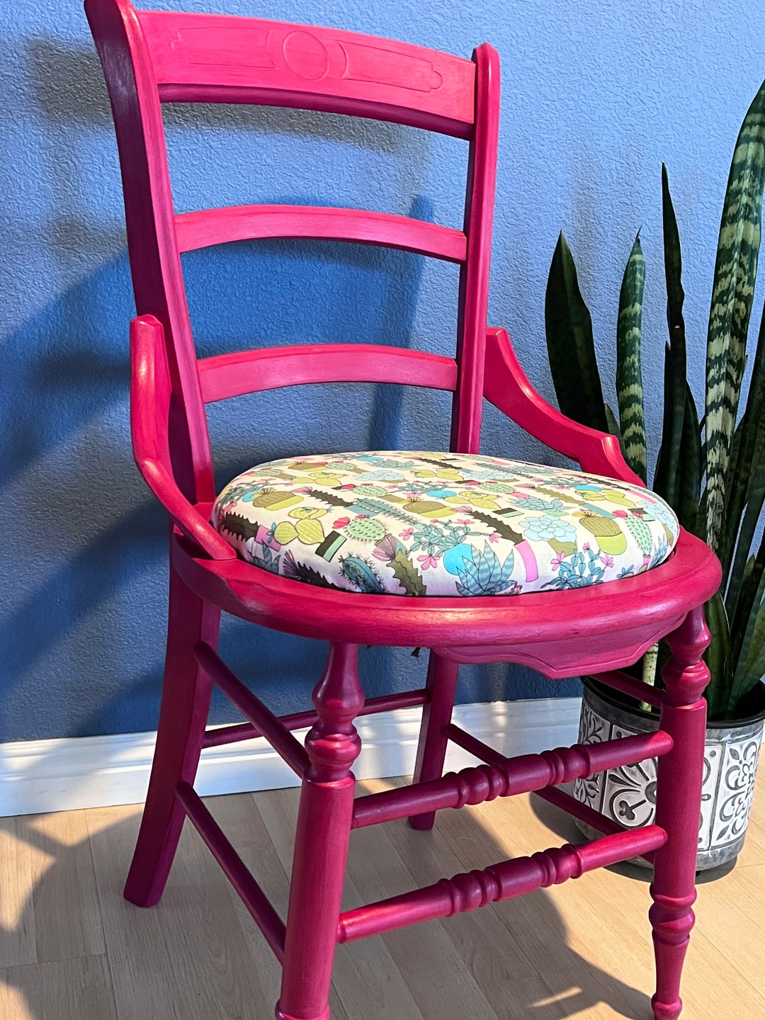 Hand Painted Pink Chair With Cacti Fabric Seat. Non Toxic Paint and ...