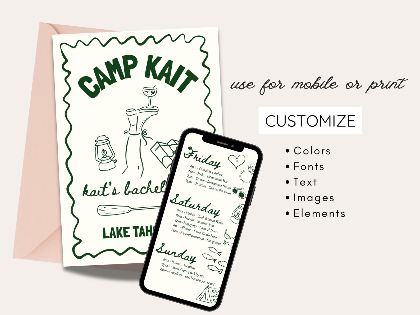 Camp Bachelorette Itinerary Template Editable Canva Weekend Schedule ...