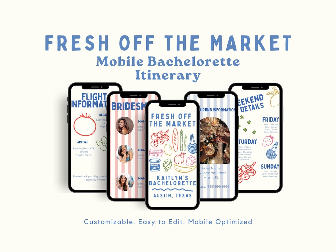 Mobile Fresh off the Market Bachelorette Itinerary Canva Template - Etsy