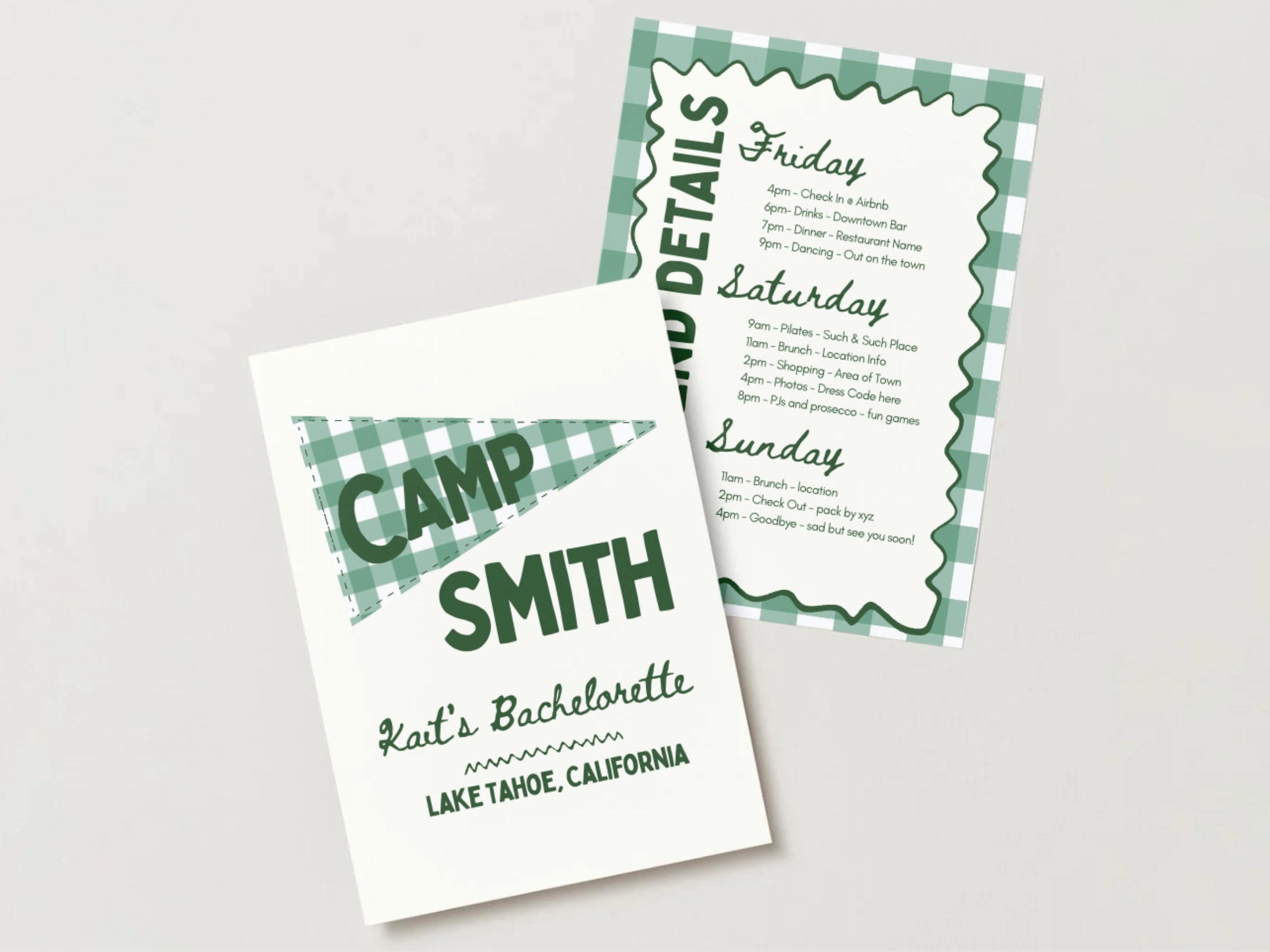 Camp Bachelorette Itinerary Template Editable Canva Weekend Schedule ...