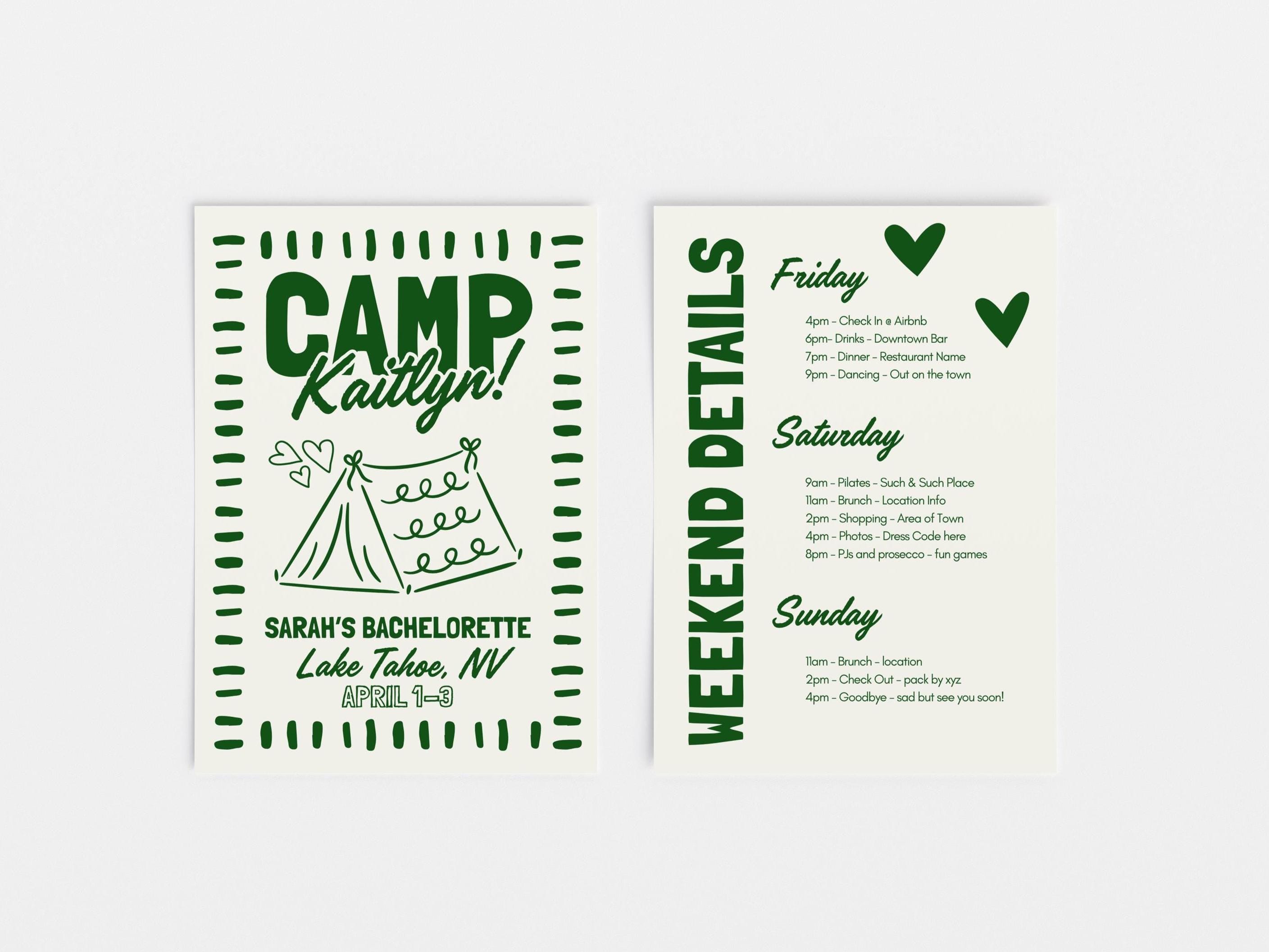 Camp Bachelorette Itinerary Template, Editable Canva Weekend Schedule ...