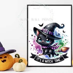 Cute Halloween Cat Wall Art,witchy Black Cat Print,broomstick Art for ...