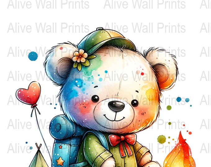 Bear Adventure Art Print, Whimsical Bear Print, Hand Painted Hiking ...