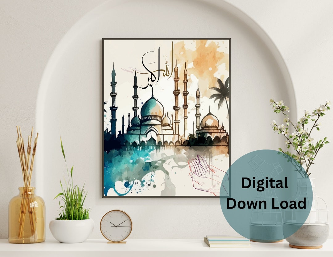 Mosque Image With Allah Hu Akbar and Praying Hands, Digital Prints ...