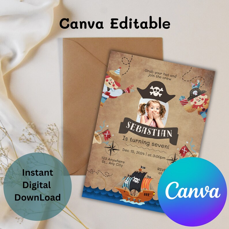 Editable Pirate Party Invitation,pirate Theme Birthday Card,personalize ...
