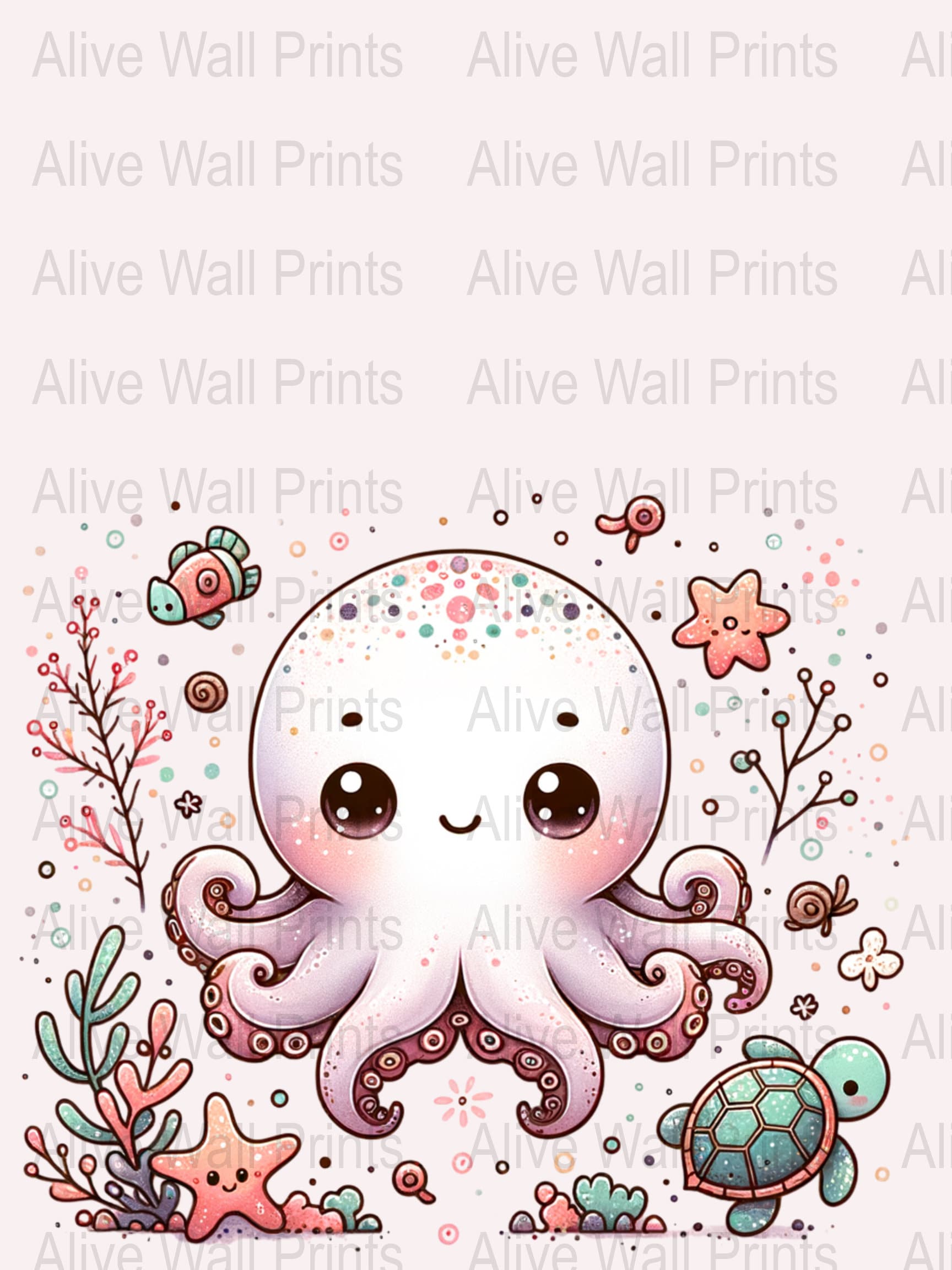 Cute Octopus Wall Art, Kawaii Sea Creature Illustration, Adorable Ocean ...