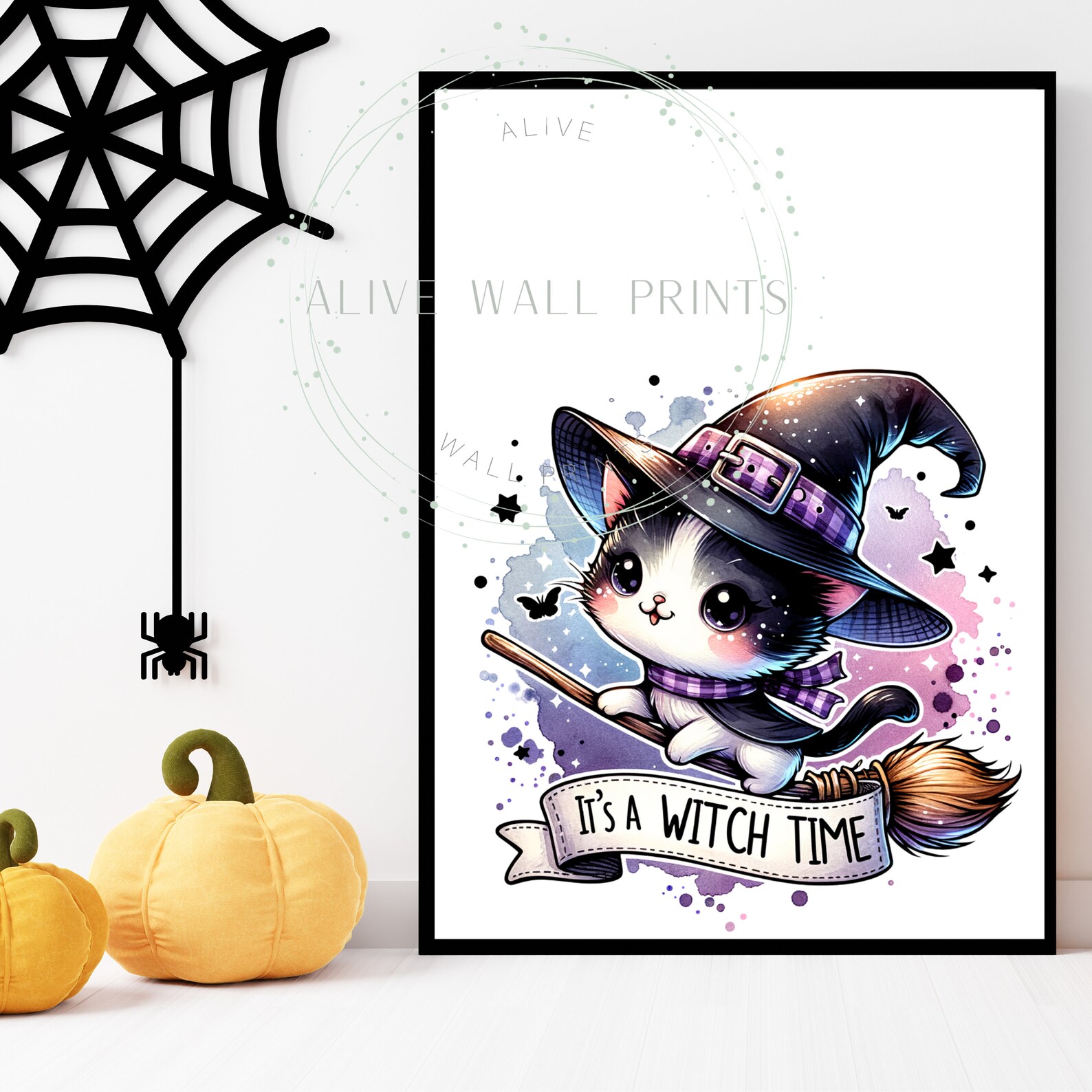 Cute Witch Cat Wall Art, Halloween Black Cat Print, Kawaii Witch Cat ...