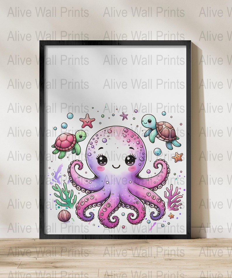 Cute Ocean Octopus Wall Art, Colorful Sea Life Print, Adorable Animal ...