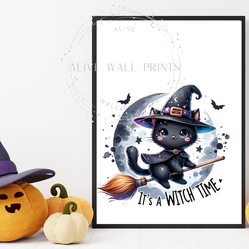 Cute Black Cat Witch Wall Art, Halloween Cat Riding Broomstick Decor ...