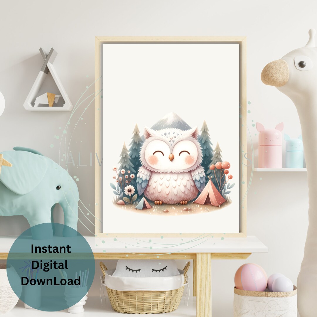 Charming Camping Owl Nursery Wall Art Poster, Adorable Woodland Decor ...