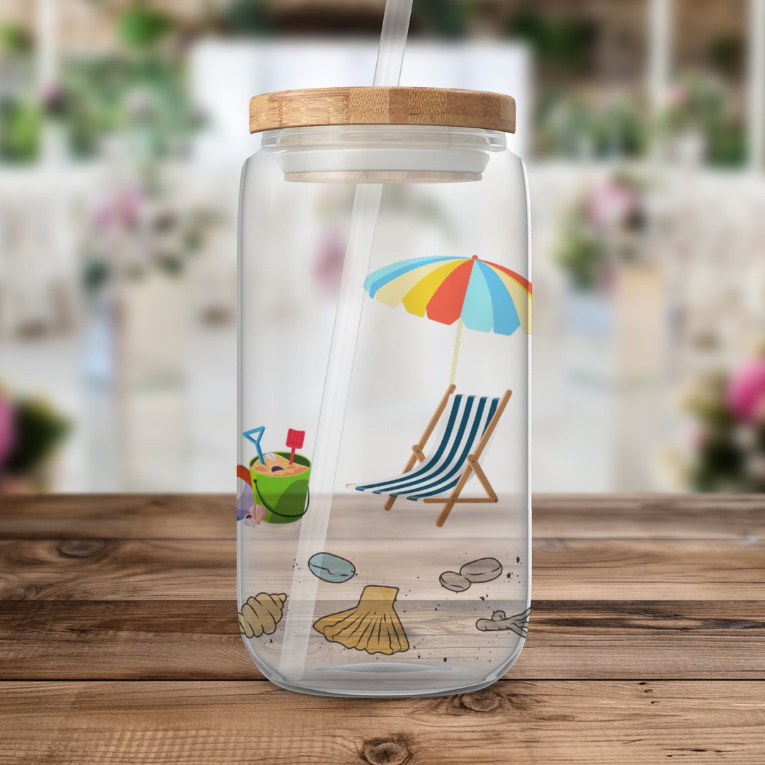 Beach Theme Glass Can Tumbler Wrap, Sandcastles Chair Shells Design ...