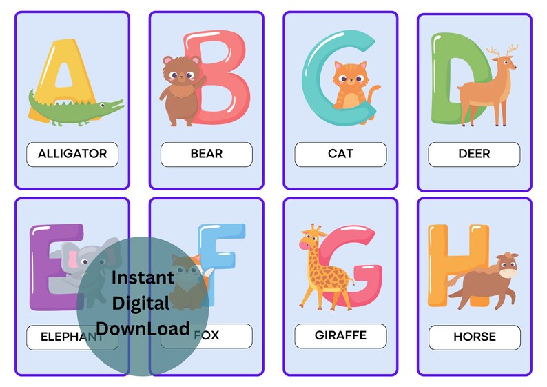English Alphabet Flash Cards With Fun Animal Illustrations-kids ...