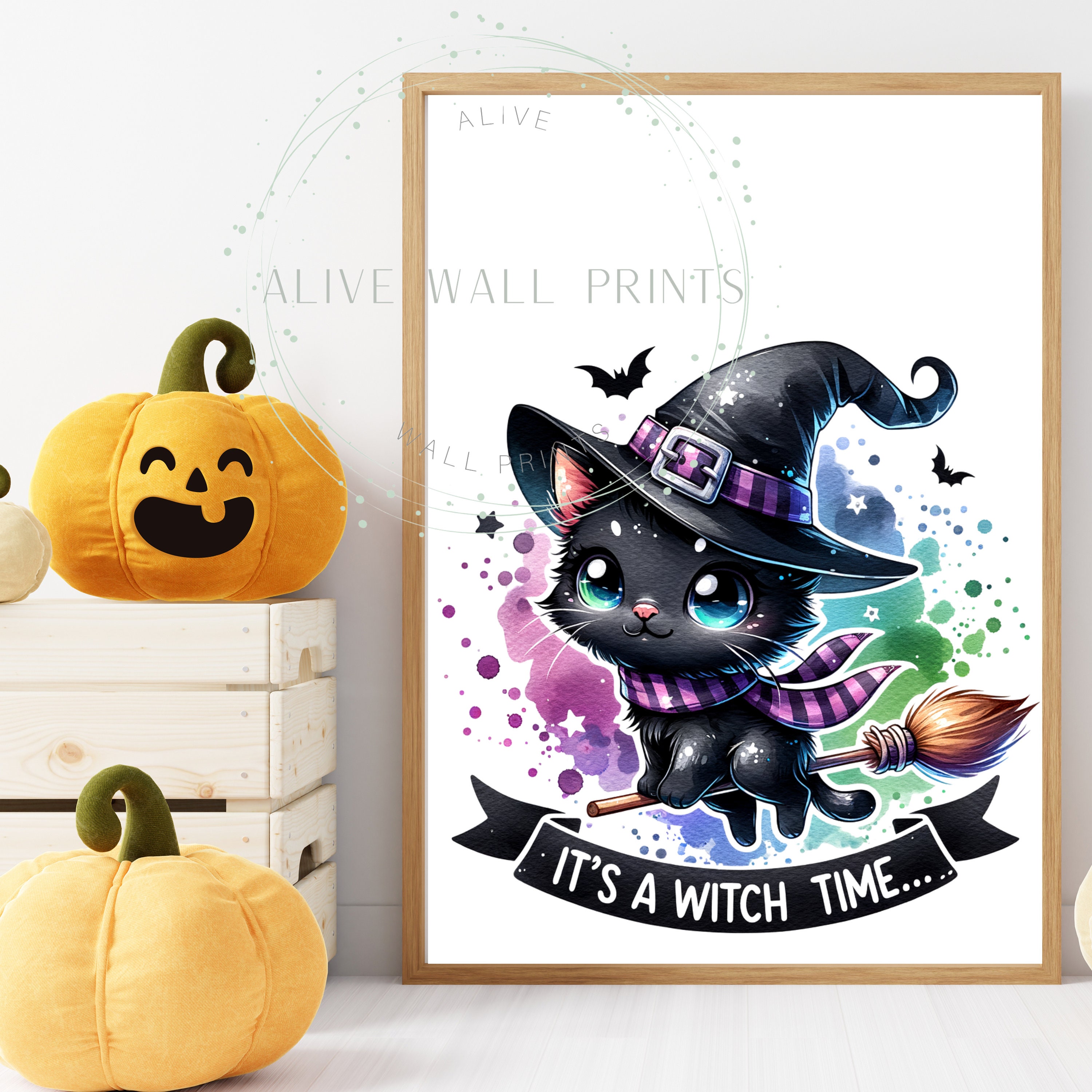 Cute Halloween Cat Wall Art,witchy Black Cat Print,broomstick Art for ...