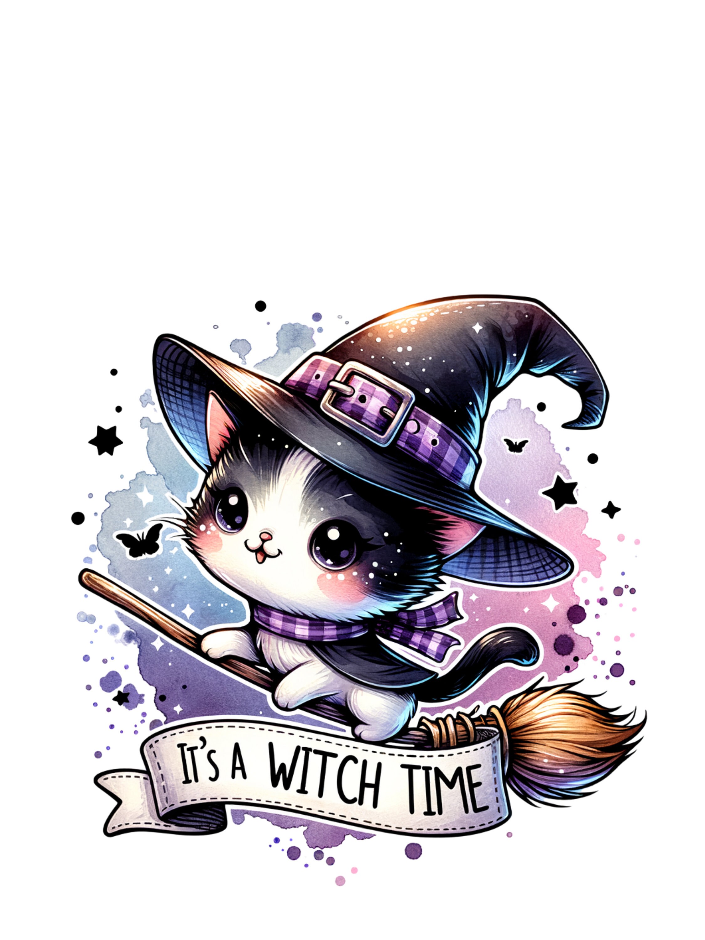 Cute Witch Cat Wall Art, Halloween Black Cat Print, Kawaii Witch Cat ...