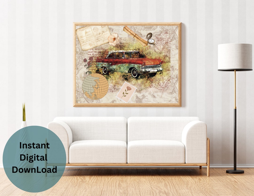 Retro Ride: Vintage Car Digital Poster Download, Red Car, Vintage ...