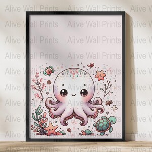 Cute Octopus Wall Art, Kawaii Sea Creature Illustration, Adorable Ocean ...