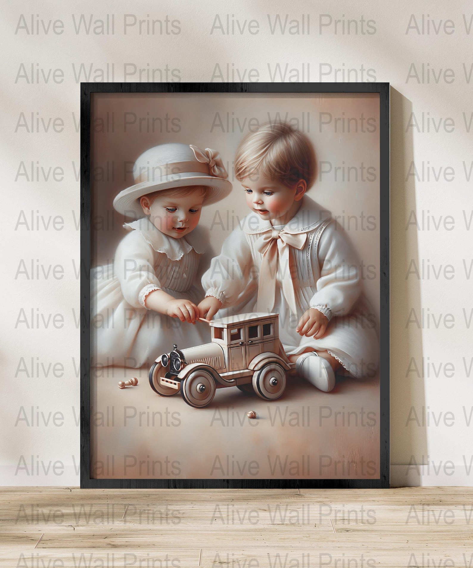 Vintage Children Playing Toy Car Wall Art, Nostalgic Nursery Decor ...