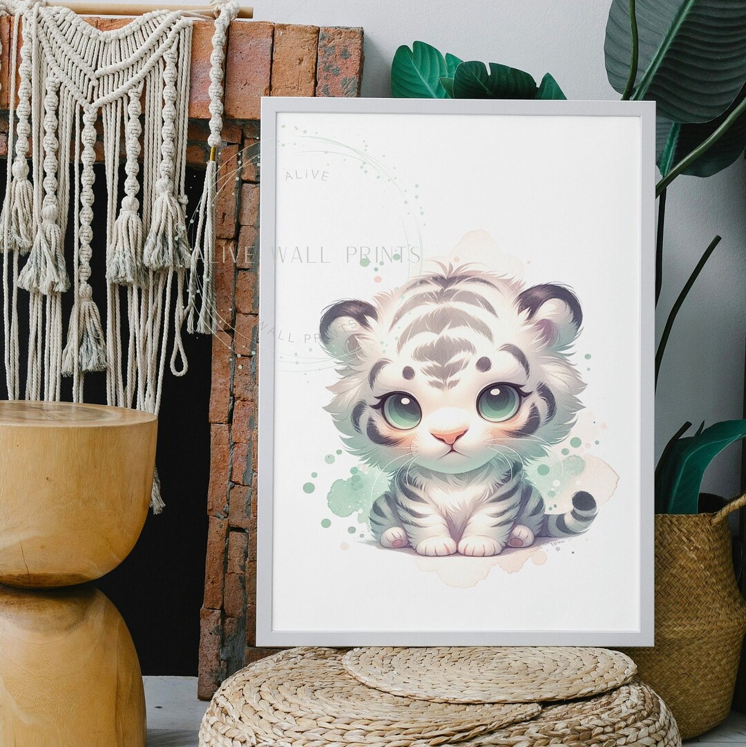 Cute Baby Tiger Wall Art, Soft Sage Colour,adorable Cartoon Animal ...