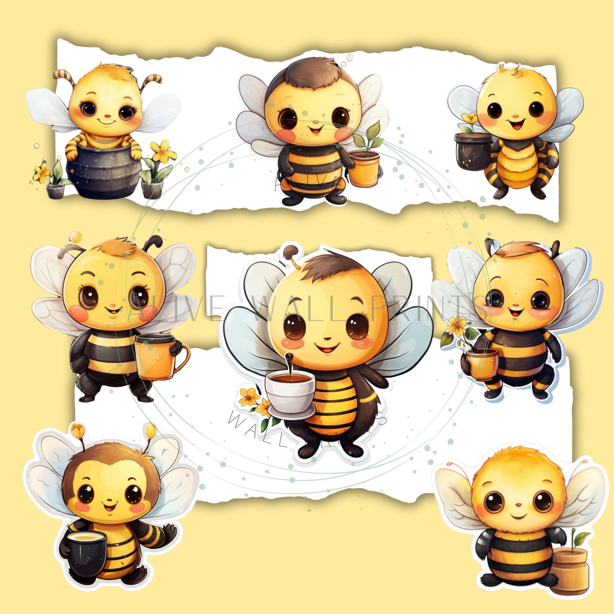 Bumblebees Stickers Clipart Bundle,cute Bees Clipart Bundle,8 Cute Bees ...