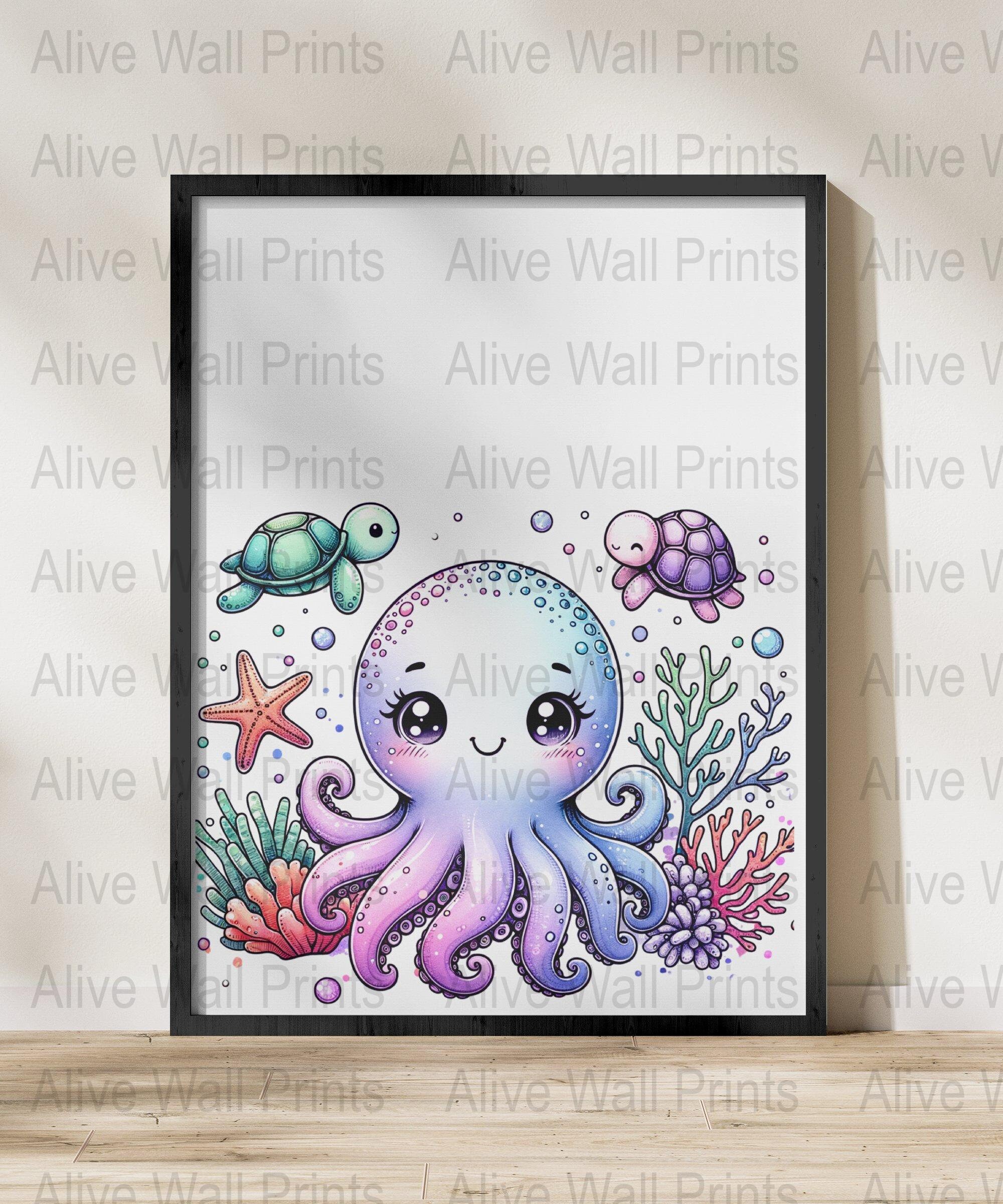 Cute Ocean Kawaii Octopus Wall Art, Underwater Marine Life Art Print ...