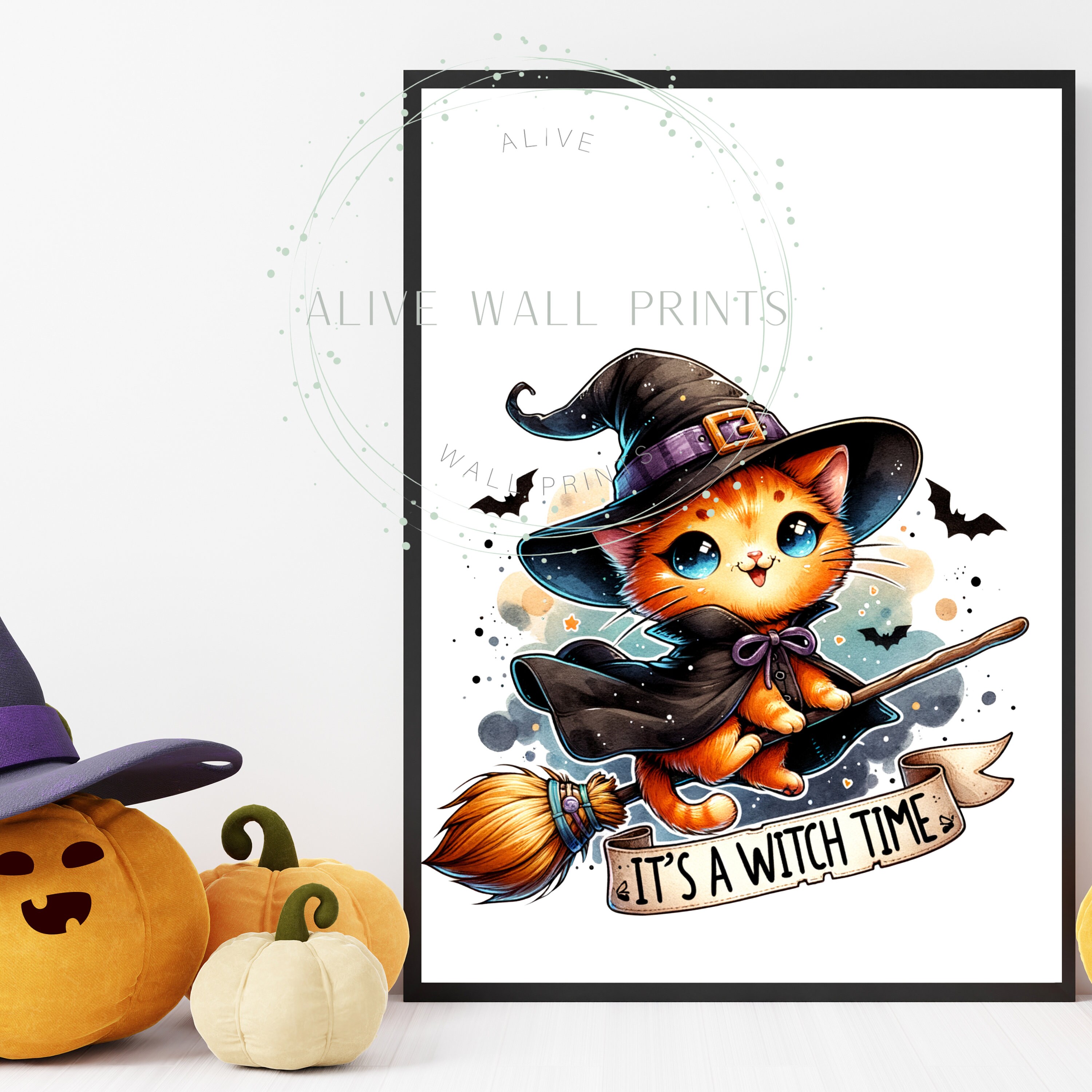 Cute Halloween Cat Wall Art, Watercolor Witch Cat Print, Adorable ...