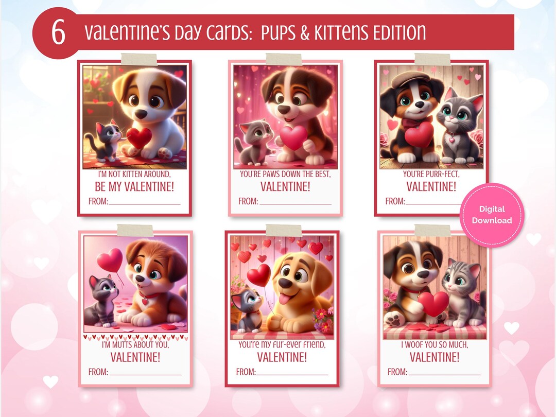 Printable Kids Valentine's Day Cards | Pixar-inspired Pups and Kittens ...
