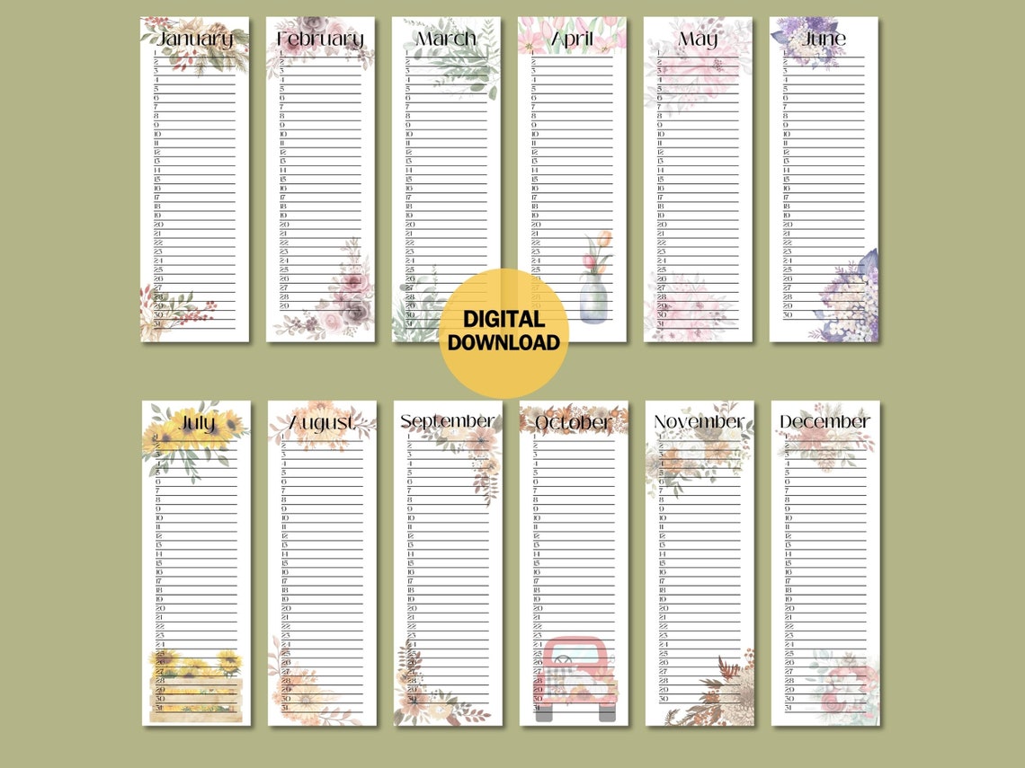 Floral Printable Perpetual Calendar | Floral List Calendar | Print on 4 ...