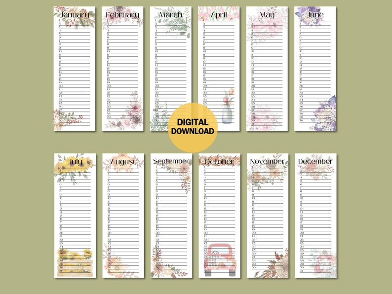 Floral Printable Perpetual Calendar Floral List Calendar Print on 4 X ...