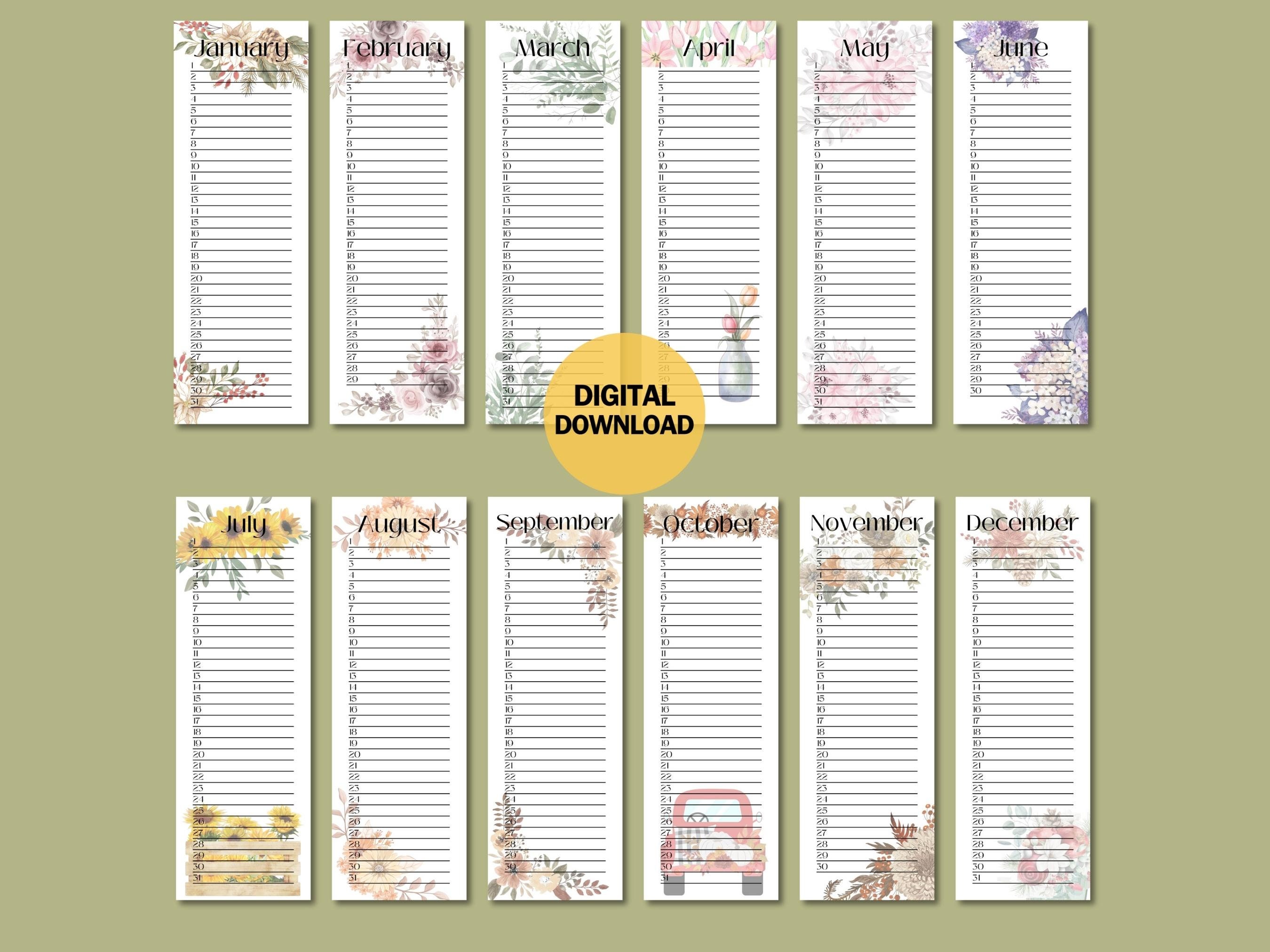 Floral Printable Perpetual Calendar | Floral List Calendar | Print on 4 ...