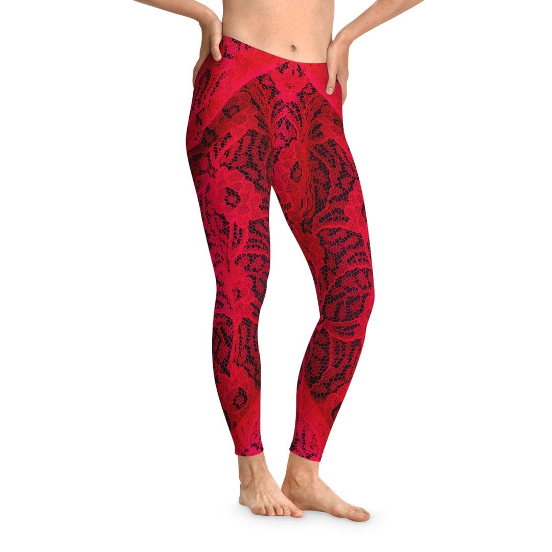 Red Lace Pattern Leggings: Women's Stretchy Casual Wear - Etsy