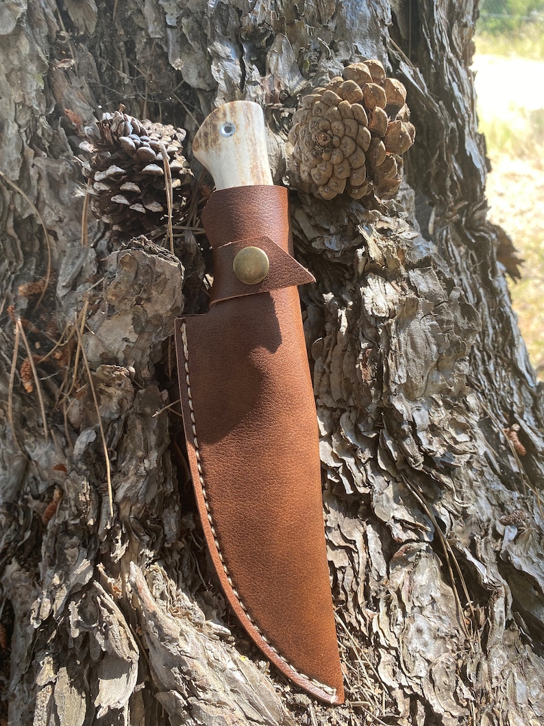 Handmade Hunting Knife: Deer Antler Handle, Leather Sheath - Etsy