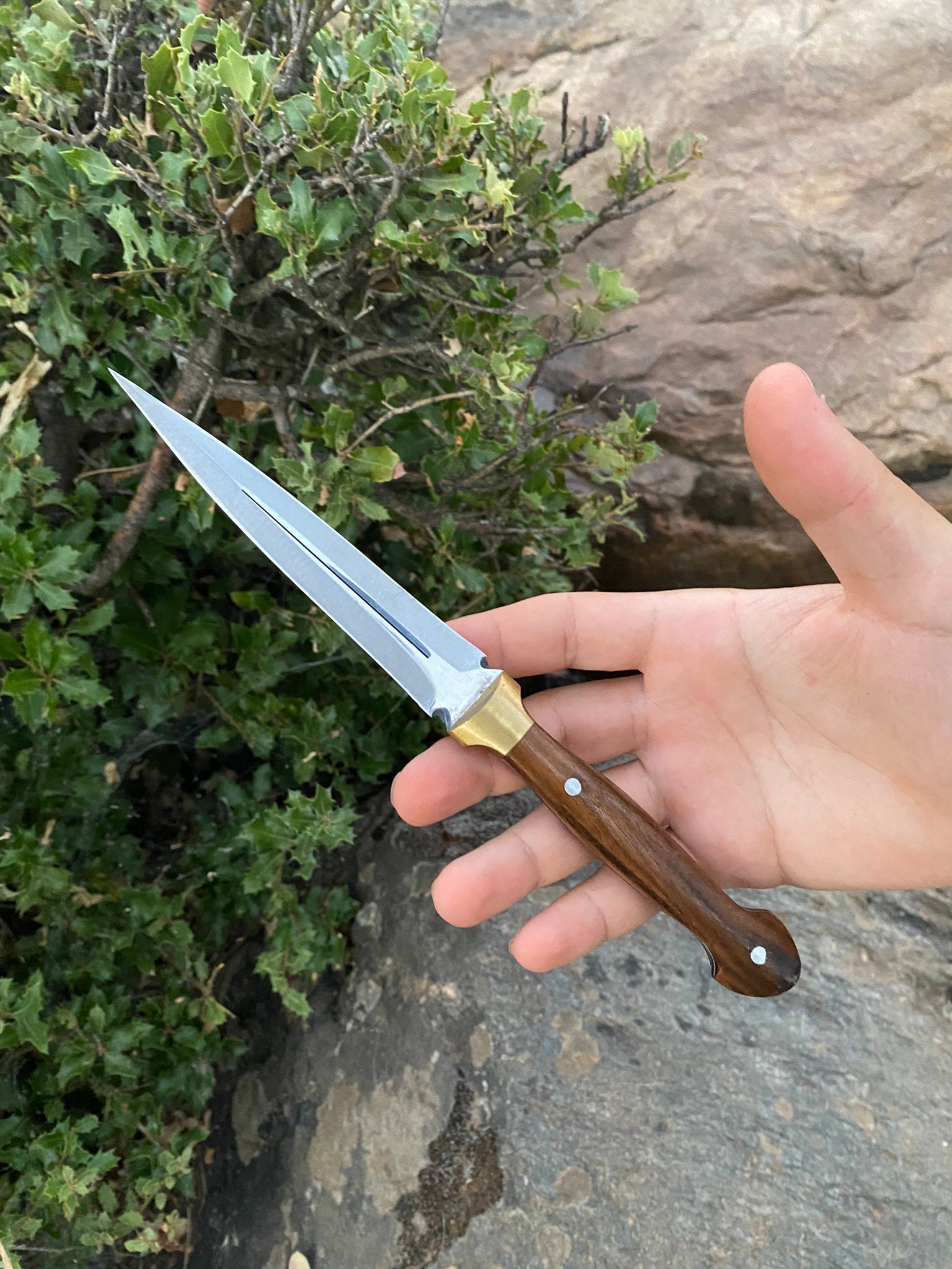 Dagger Knife With Case Mini Hidden Blade Walnut Handle Fairbairn Syke ...