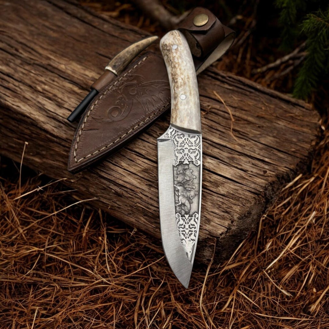 Engraved Deer Antler Bushcraft Knife: N690 Steel, Leather Sheath, Fire ...
