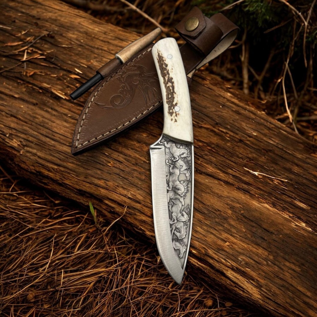 Custom Engraved Hunting Knife: Stag Antler Handle, Leather Sheath ...