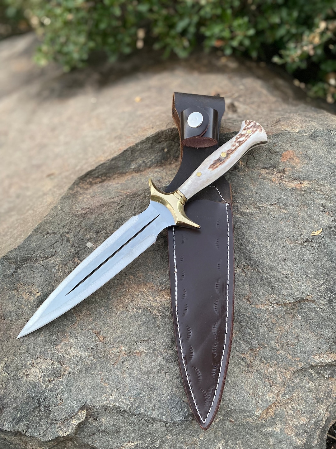Custom Dagger Knife With Deer Antler Handle, Premium Double Edge Knife ...