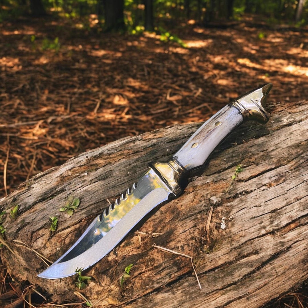 Deer Antler Wolf Hunting Knife With Leather Sheath, Stag Handle ...