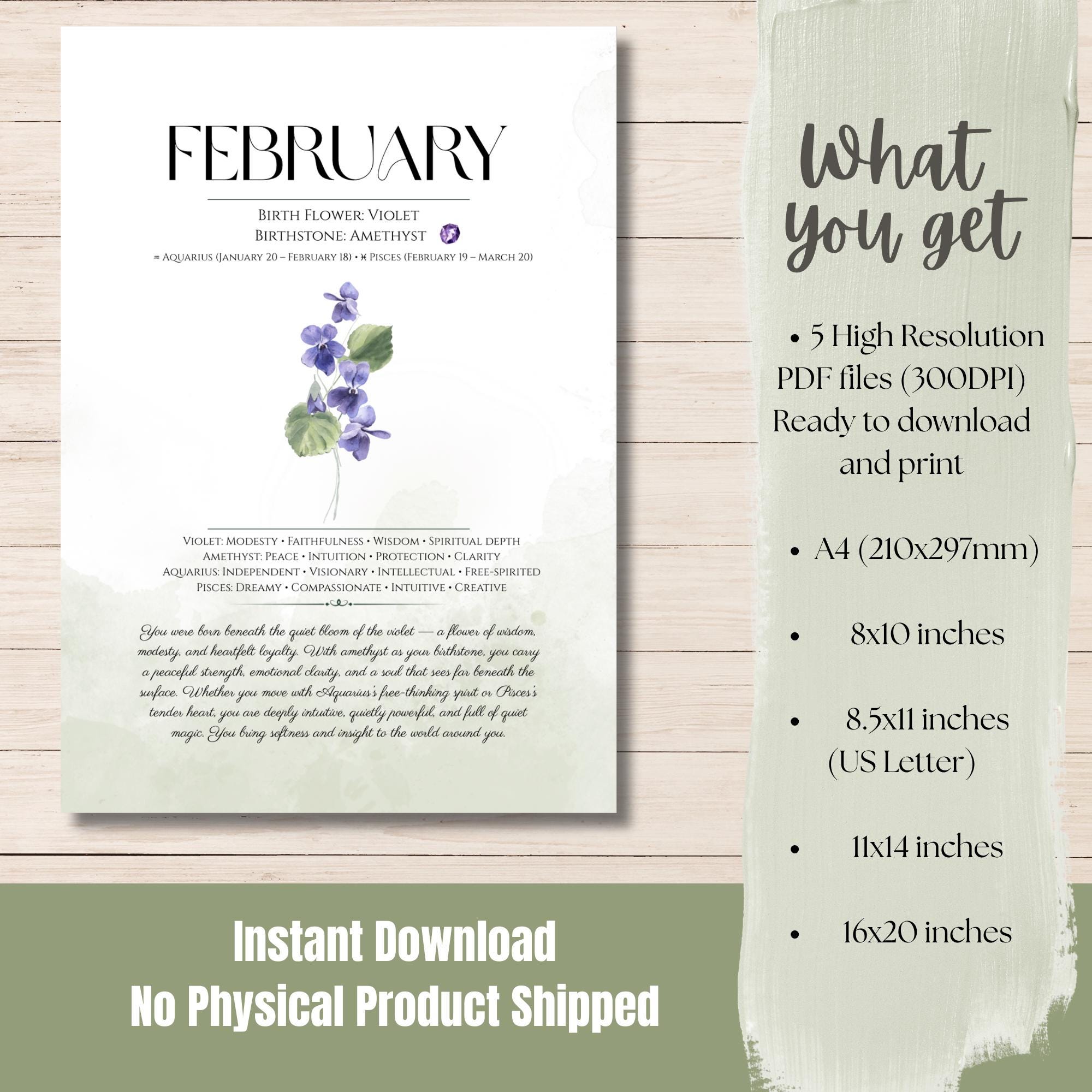 February Birth Flower Wall Art – Violet & Amethyst Printable | Zodiac ...