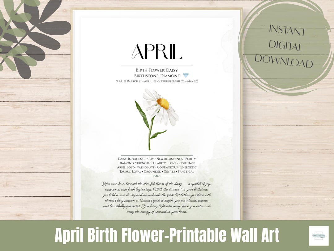 April Birth Flower Wall Art – Daisy and Diamond Printable | Zodiac ...