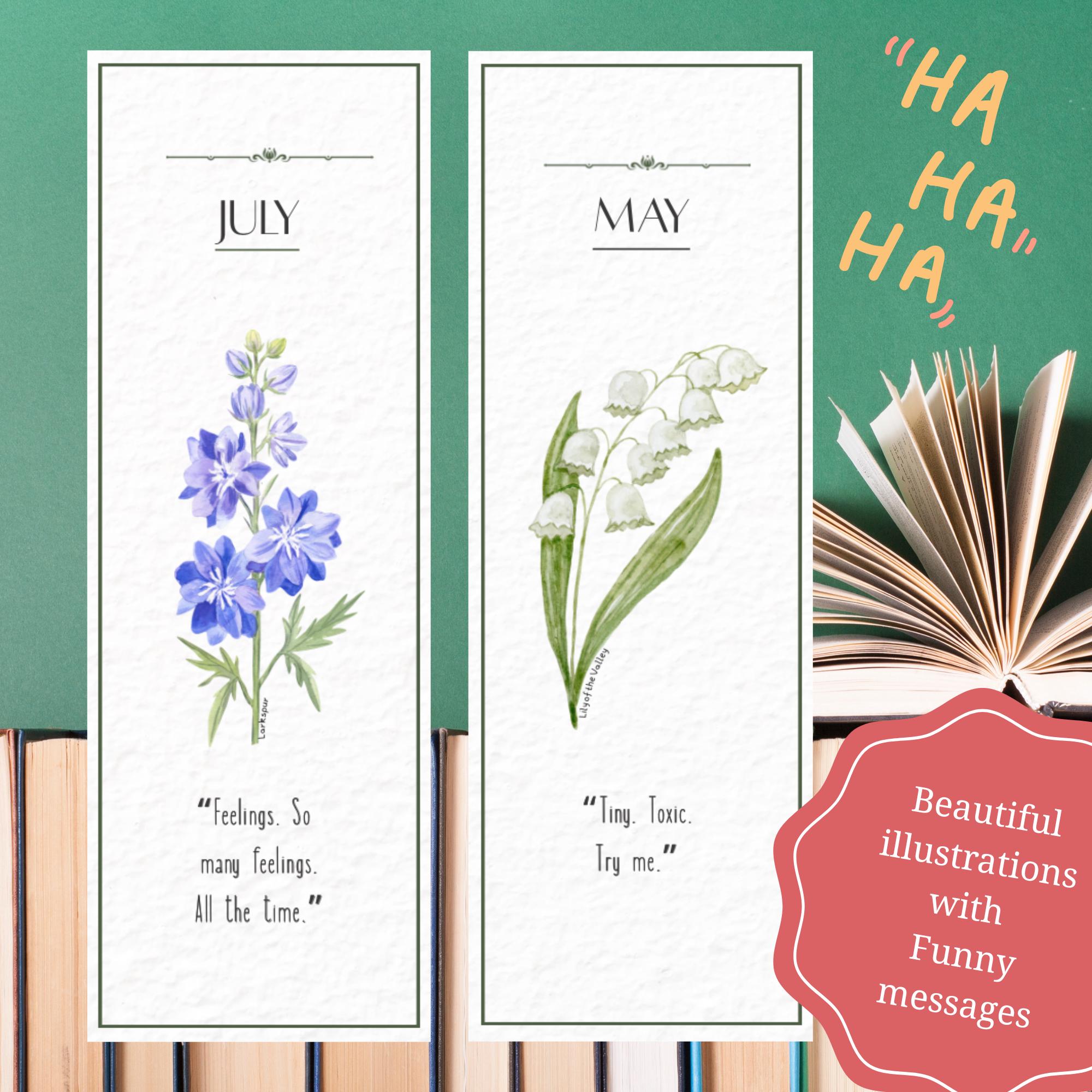 Funny Birth Flower Bookmarks Printable Set-12 Sassy Floral Bookmarks/a4 ...