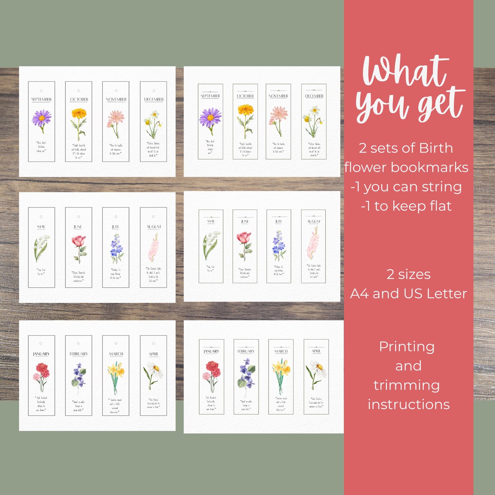 Funny Birth Flower Bookmarks Printable Set-12 Sassy Floral Bookmarks/a4 ...