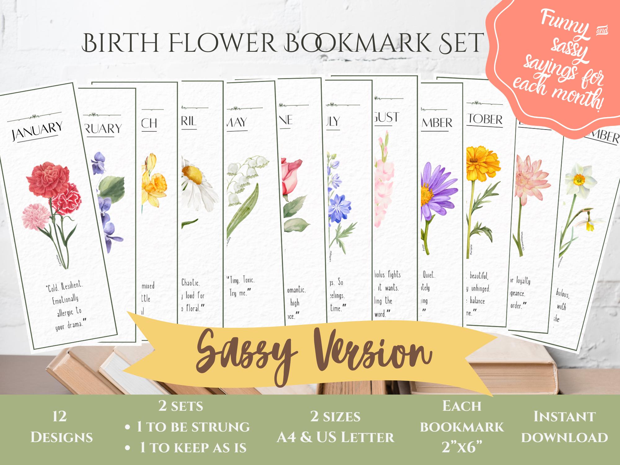 Funny Birth Flower Bookmarks Printable Set-12 Sassy Floral Bookmarks/a4 ...