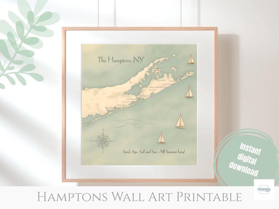 Hamptons Map Printable Wall Art – Beach House Decor, Coastal Gallery ...