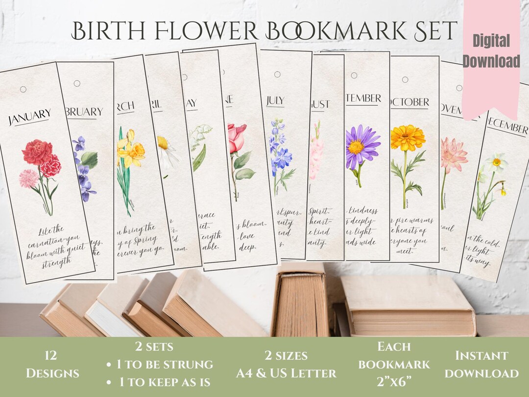 Birth Flower Bookmarks Printable Set-12 Floral Bookmarks/a4 and US ...